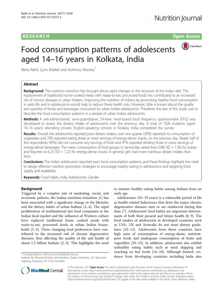 Food Consumption Patterns of Adolescents Aged 14-16 Years in Kolkata ...