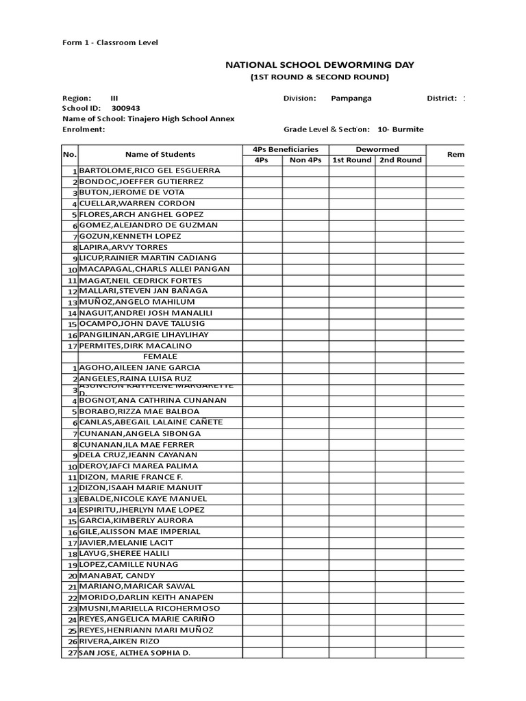 National School Deworming Day: No. Name of Students 4Ps Beneficiaries ...