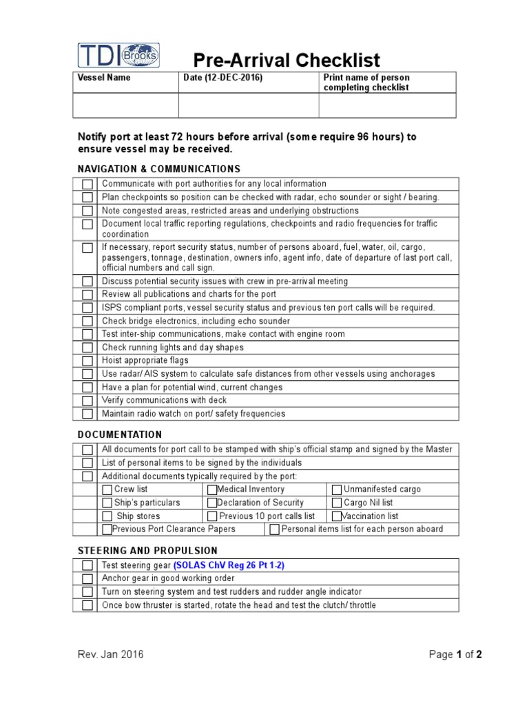 Pre Arrival Checklist Rev Jan2016 | PDF | Ships | Watercraft
