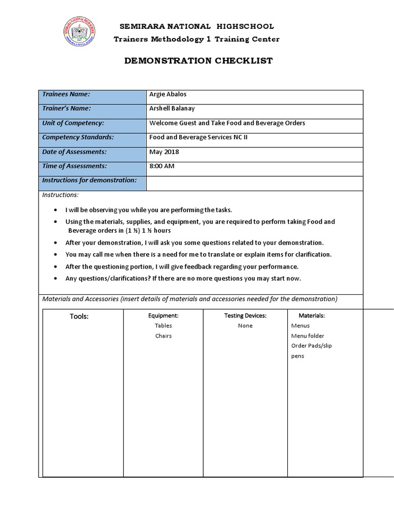 Demonstration Checklist for Food Orders | PDF | Menu