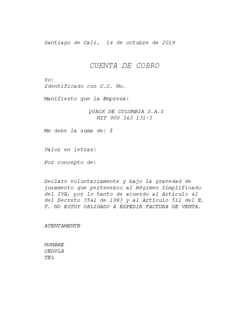 Modelo Cuenta de Cobro Formato | PDF