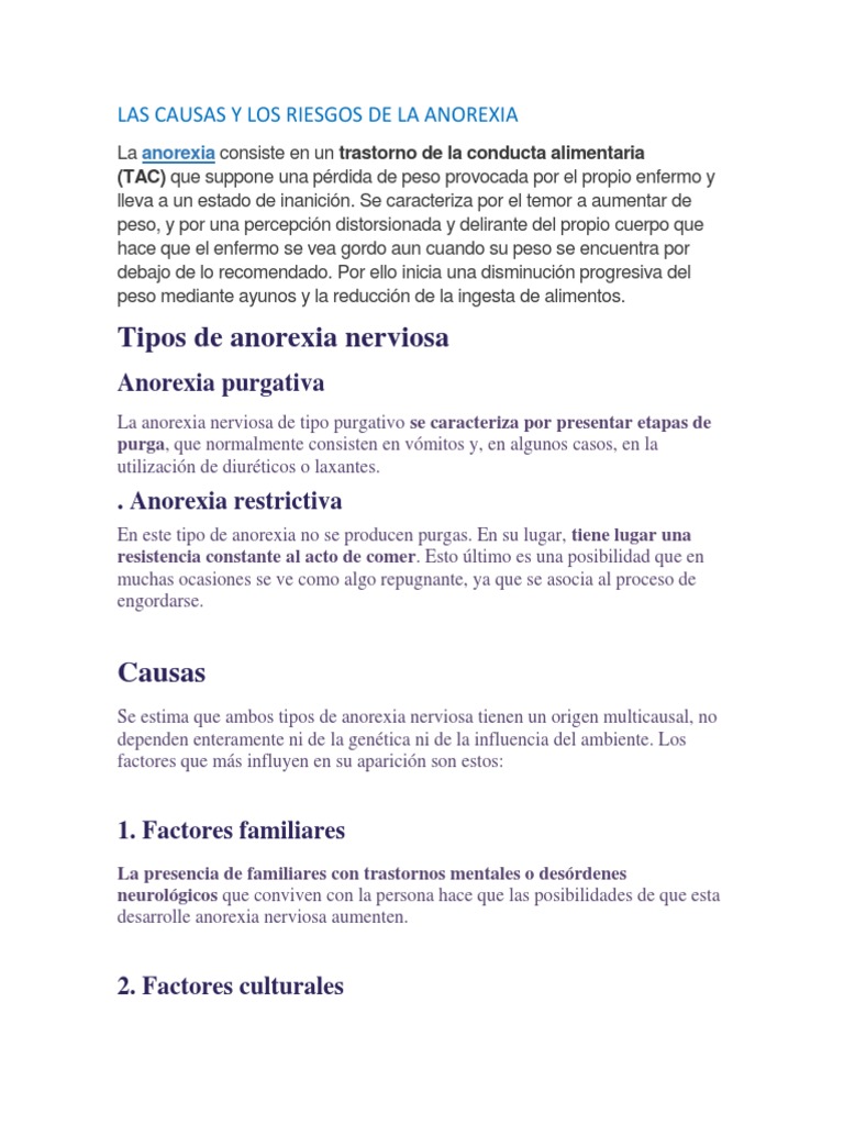 Las Causas y Los Riesgos de La Anorexia | PDF | Desorden alimenticio ...