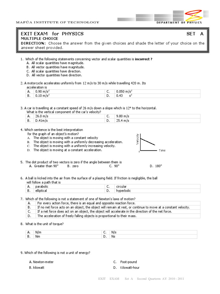 Exit Exam 2nd QTR 2010 11 Set A | PDF | Acceleration | Euclidean Vector