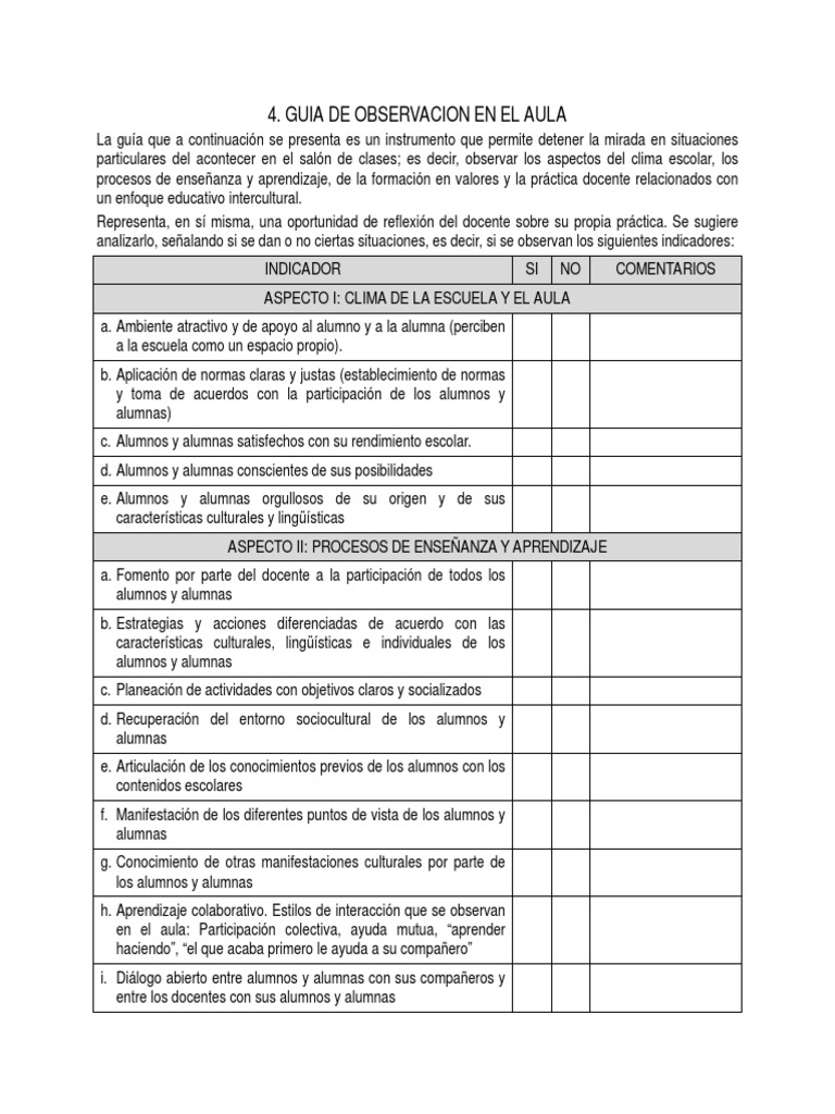 Guia De Observacion En El Aula Pdf Pdf Salón De Clases Planificación