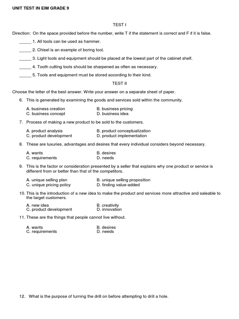 Unit Test in Eim Grade 9 | PDF | Drilling | Drill