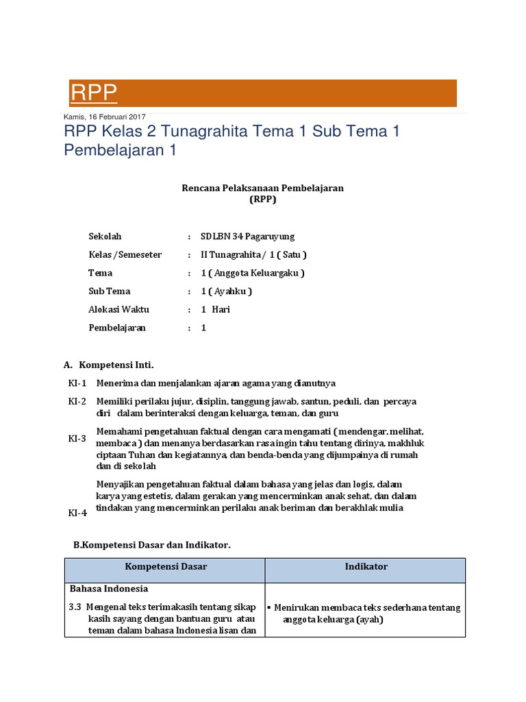 RPP Kelas 2 Tunagrahita Tema 1 Sub Tema 1 Pembelajaran 1 | PDF | Karier & Perkembangan | Seni ...