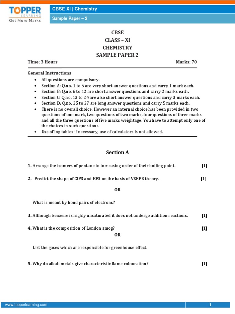 Cbse Class - Xi Chemistry Sample Paper 2: Time: 3 Hours Marks: 70 ...