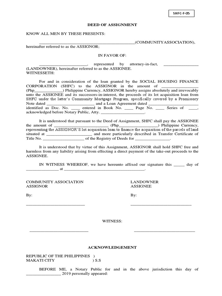Template - Deed of Assignment (F-05) 2019 | PDF | Assignment (Law ...