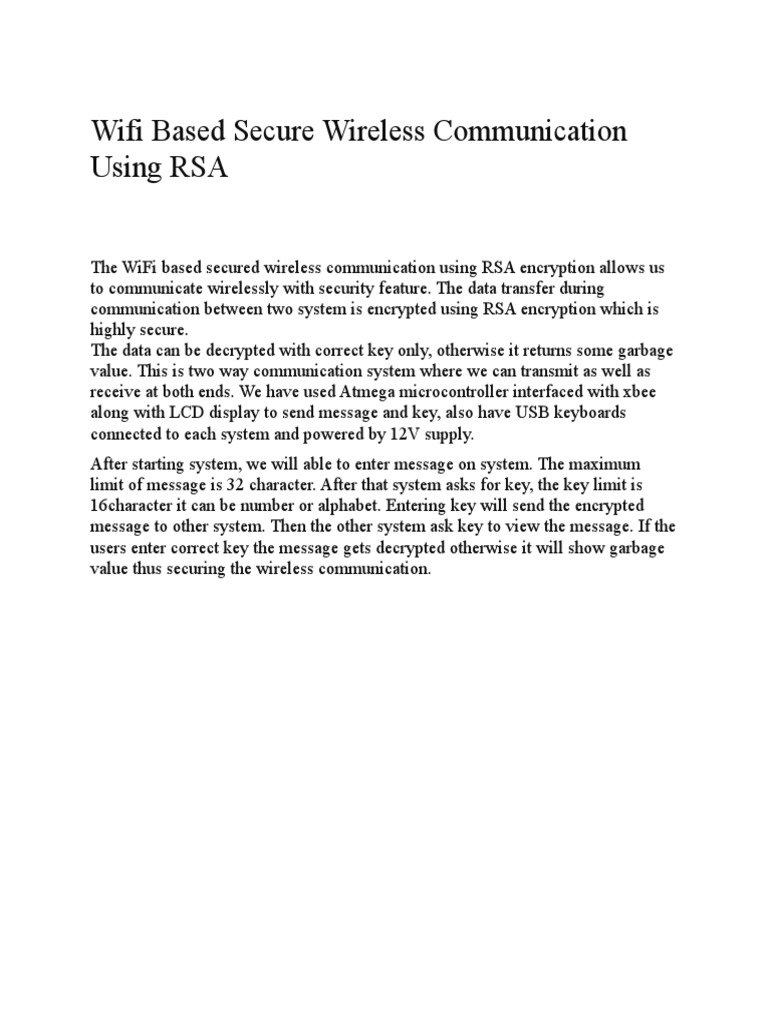 Wifi Based Secure Wireless Communication Using RSA | PDF