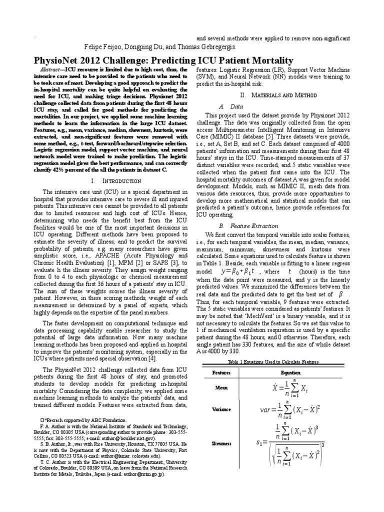 PhysioNet 2012 Challenge Predicting ICU | PDF | Logistic Regression | Correlation And Dependence