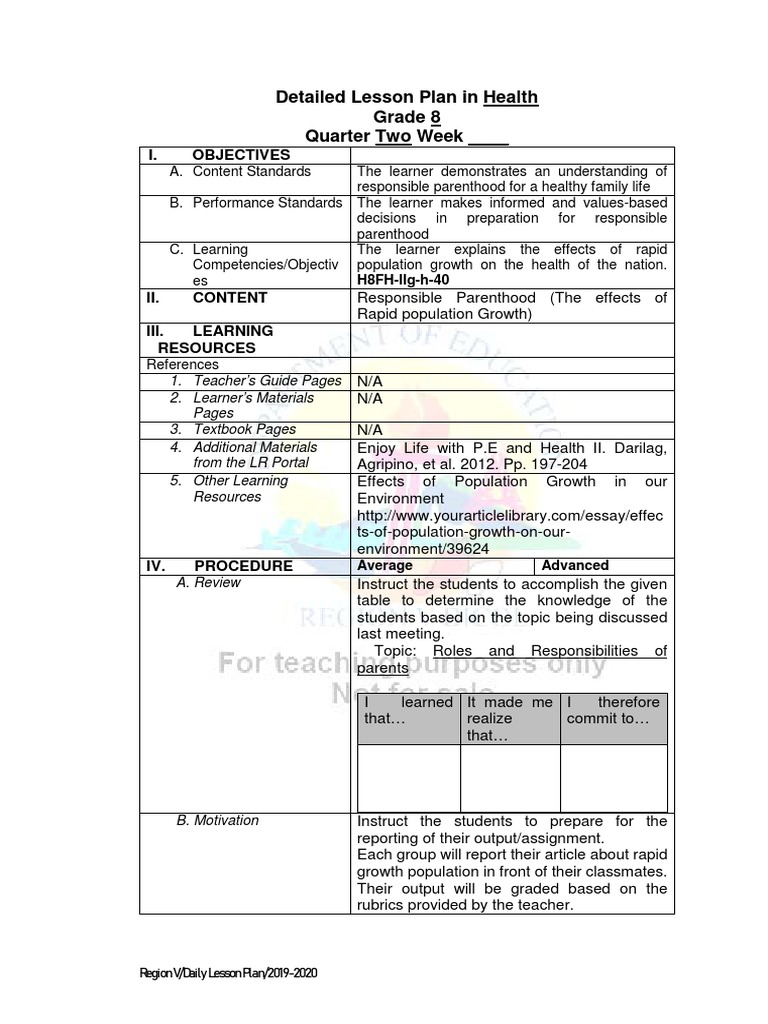 Detailed Lesson Plan in Health Grade 8 Quarter Two Week | PDF ...