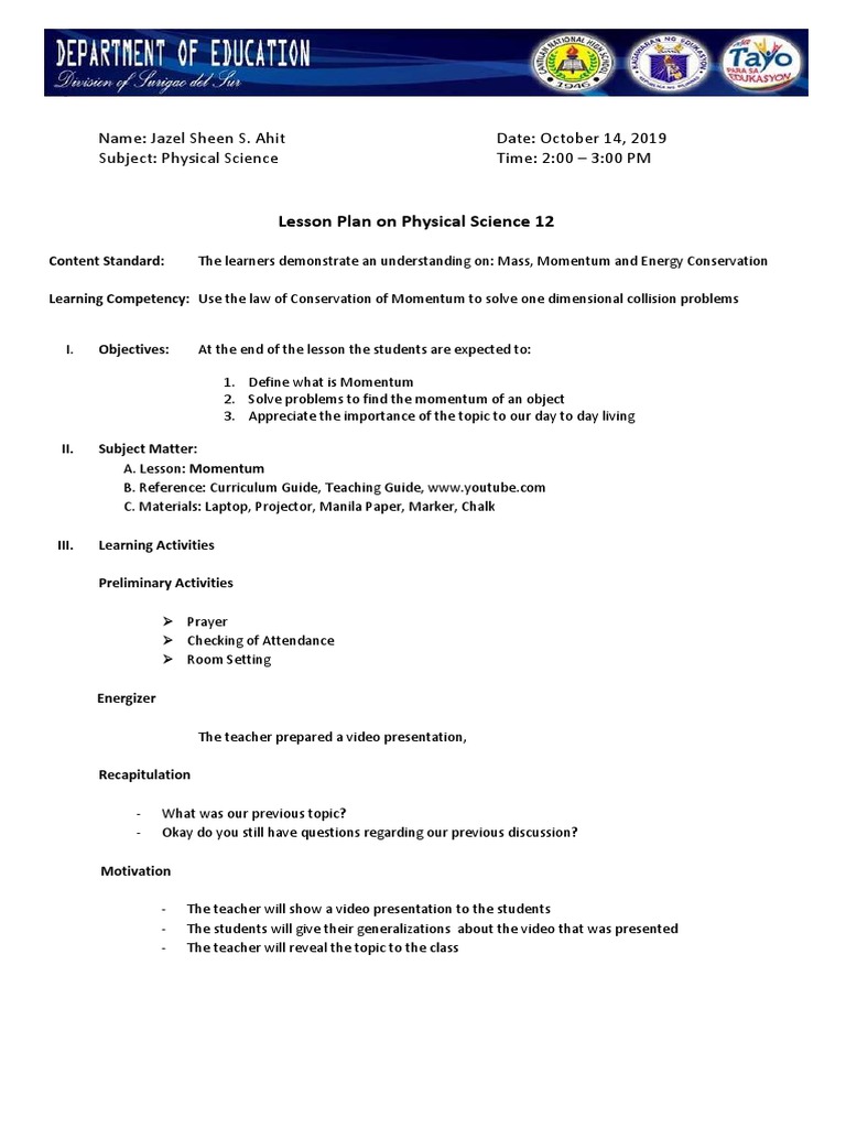 Lesson Plan On Physical Science 12 | PDF | Momentum | Lesson Plan
