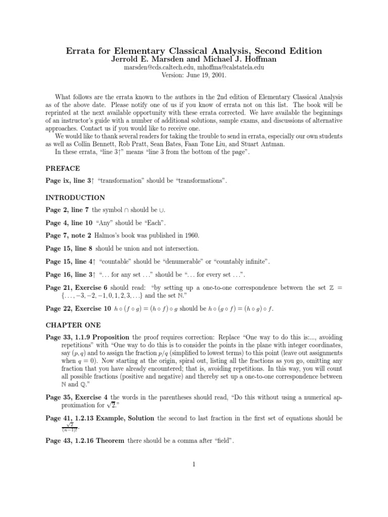 Errata For Elementary Classical Analysis, Second Edition: Jerrold E ...