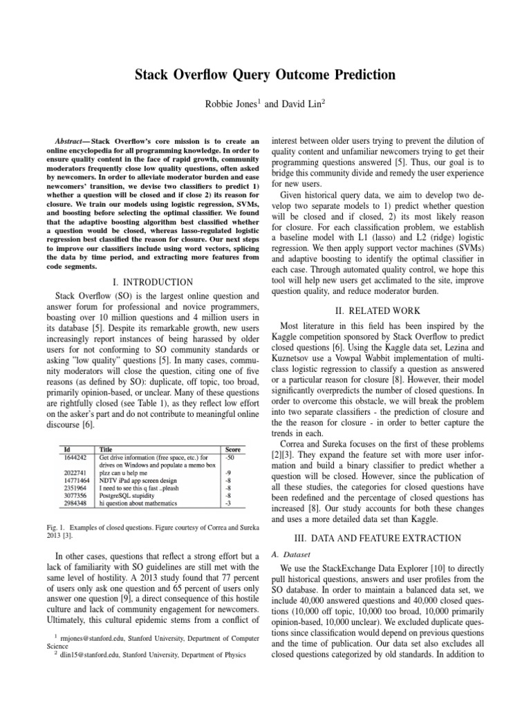 Stack Overflow Query Outcome Prediction Pdf Receiver Operating Characteristic Statistical