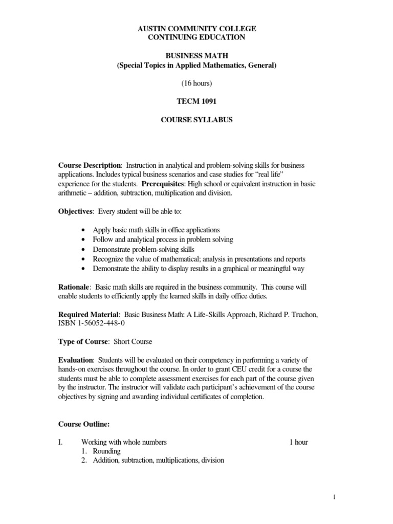 Business Mathematics Course Syllabus | PDF | Division (Mathematics ...