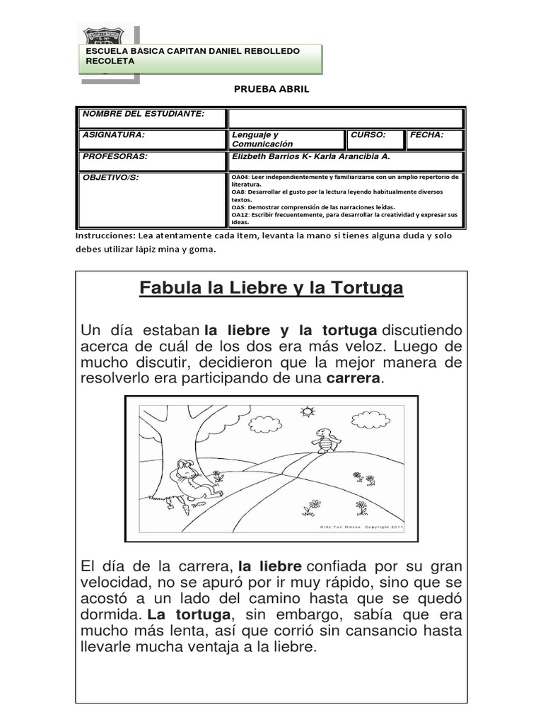 Evaluación de la Fábula para Primaria | PDF | Fábula