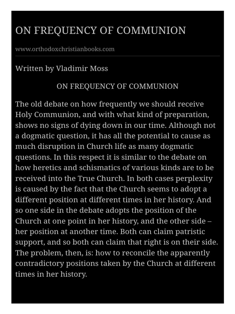 ON FREQUENCY OF COMMUNION - by Vladimir Moss | PDF | Eucharist | Fasting