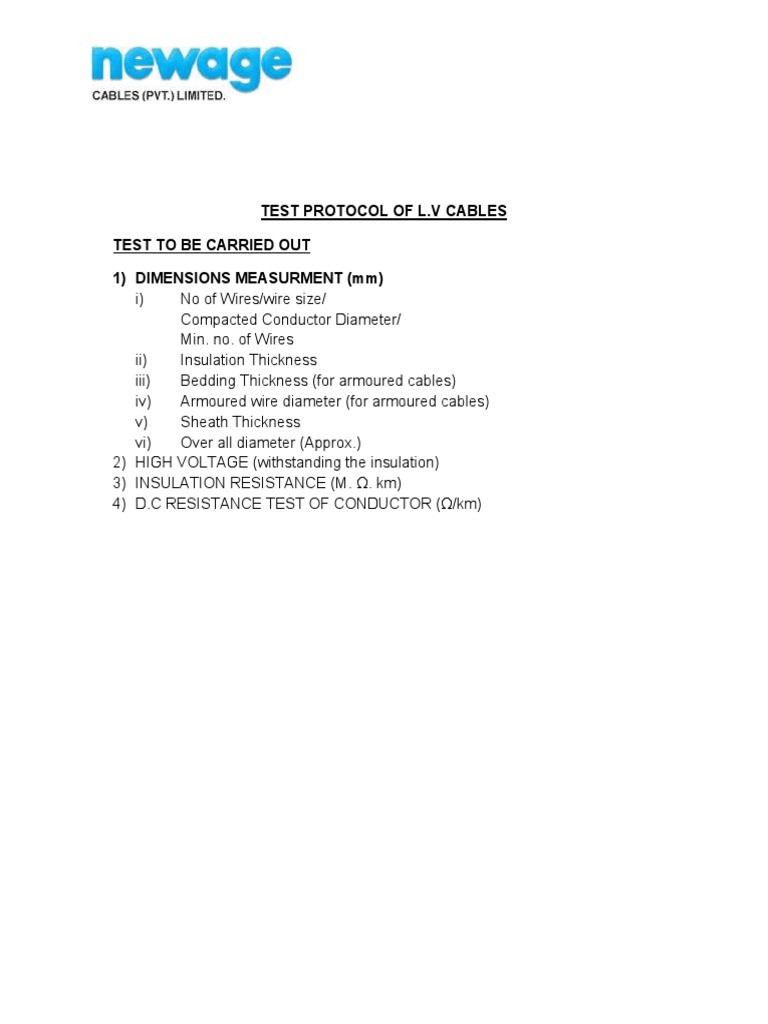 Test Protocol of L.V Cables Test To Be Carried Out 1) Dimensions ...