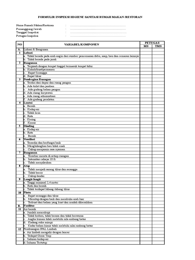 Inspeksi Sanitasi Rumah Makan | PDF