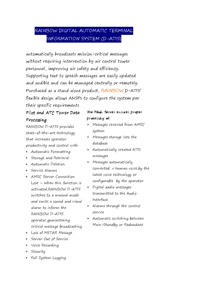 Atis - Rainbow Digital Automatic Terminal Information System | PDF ...