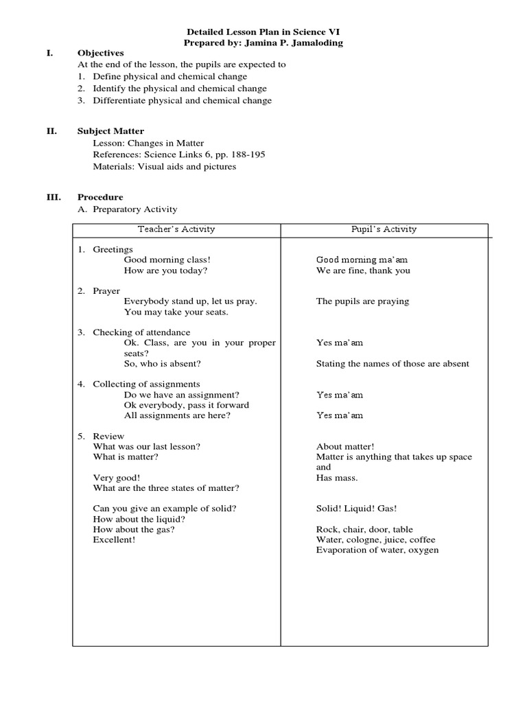 Detailed Lesson Plan in Science VI | PDF | Chemical Substances | Matter