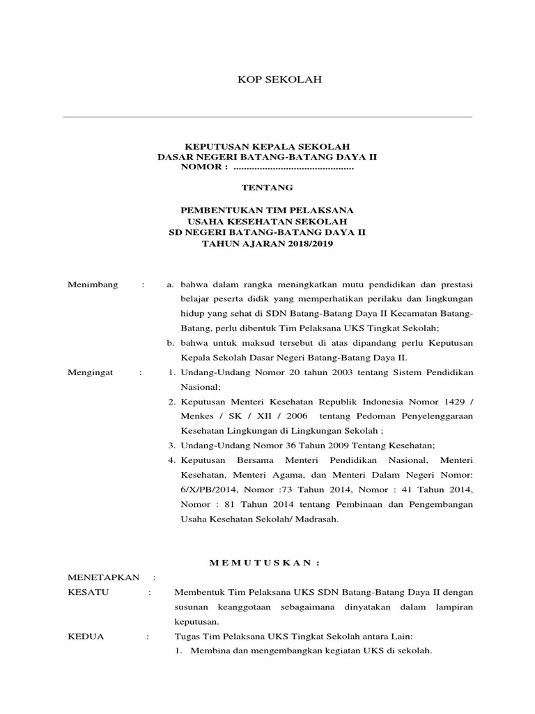 Contoh SK Tim Pelaksana UKS | PDF