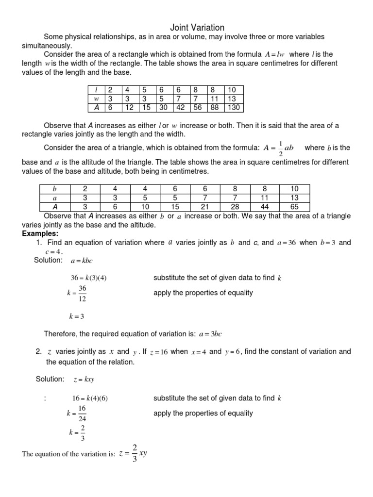 Joint Variation: Examples | PDF | Area | Triangle