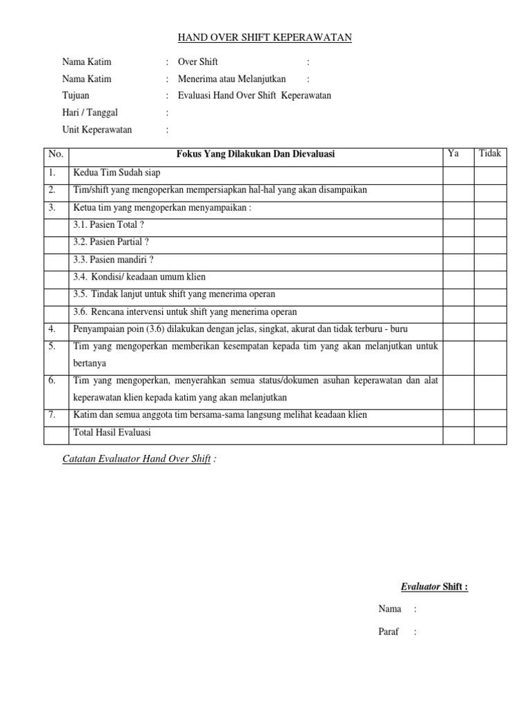 Format Penilaian Hand Over Shif Keperawatan | PDF