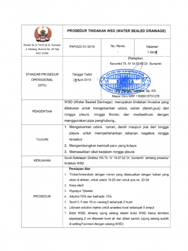 Spo Pap 1 Prosedur Tindakan WSD (Water Sealed Drainage) | PDF