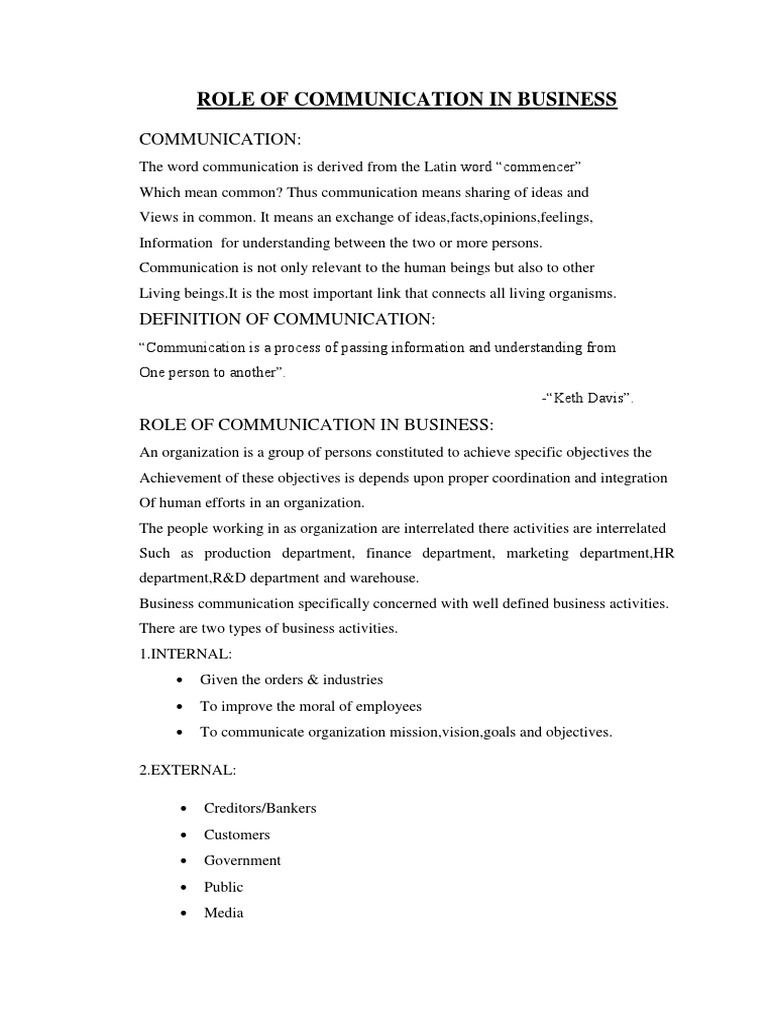 Role Of Communication In Business PDF Communication Business