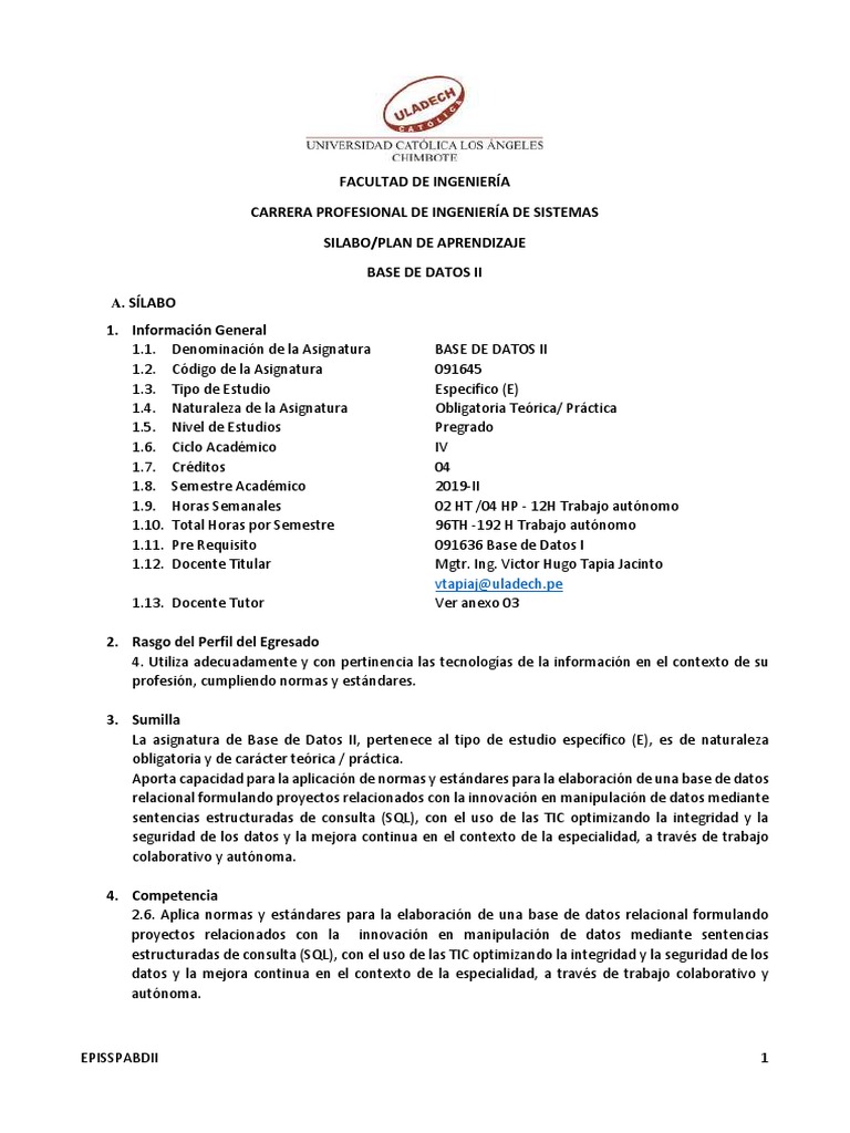 SILABO | Descargar gratis PDF | SQL | Servidor SQL de Microsoft