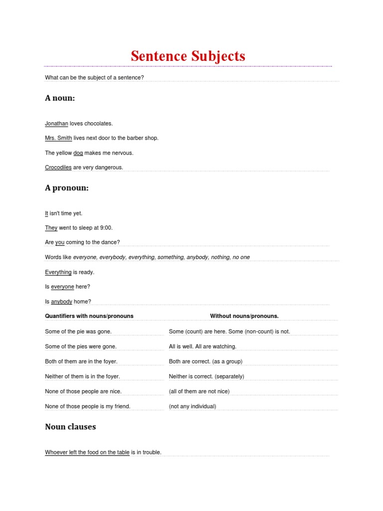 Sentence Subjects: A Noun | PDF | Subject (Grammar) | Noun