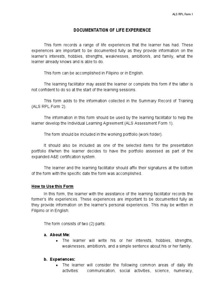 Documentation of Life Experience: Als RPL Form 1 | PDF | Learning ...