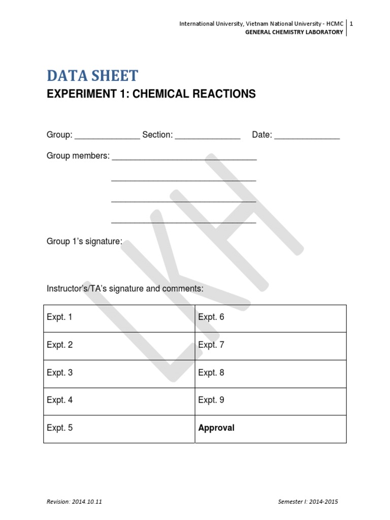Data Sheet: Experiment 1: Chemical Reactions | PDF | Potassium | Diet ...