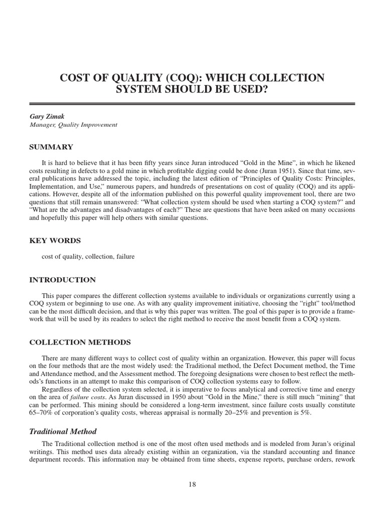 Cost of Quality (Coq) : Which Collection System Should Be Used? | PDF ...