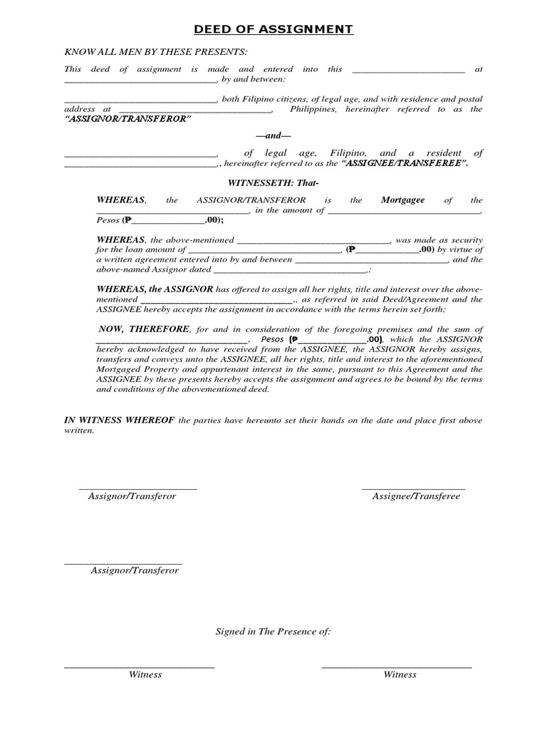 Deed of Assignment Blank | PDF | Assignment (Law) | Mortgage Law