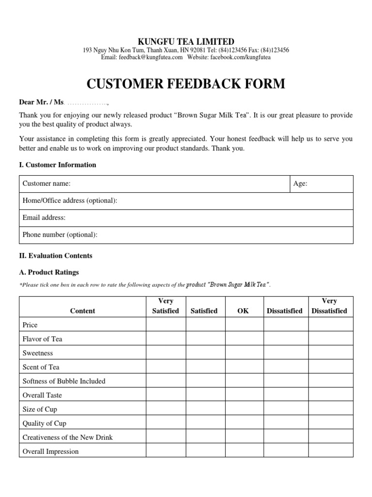 Customer Feeback Form | Tea | Business