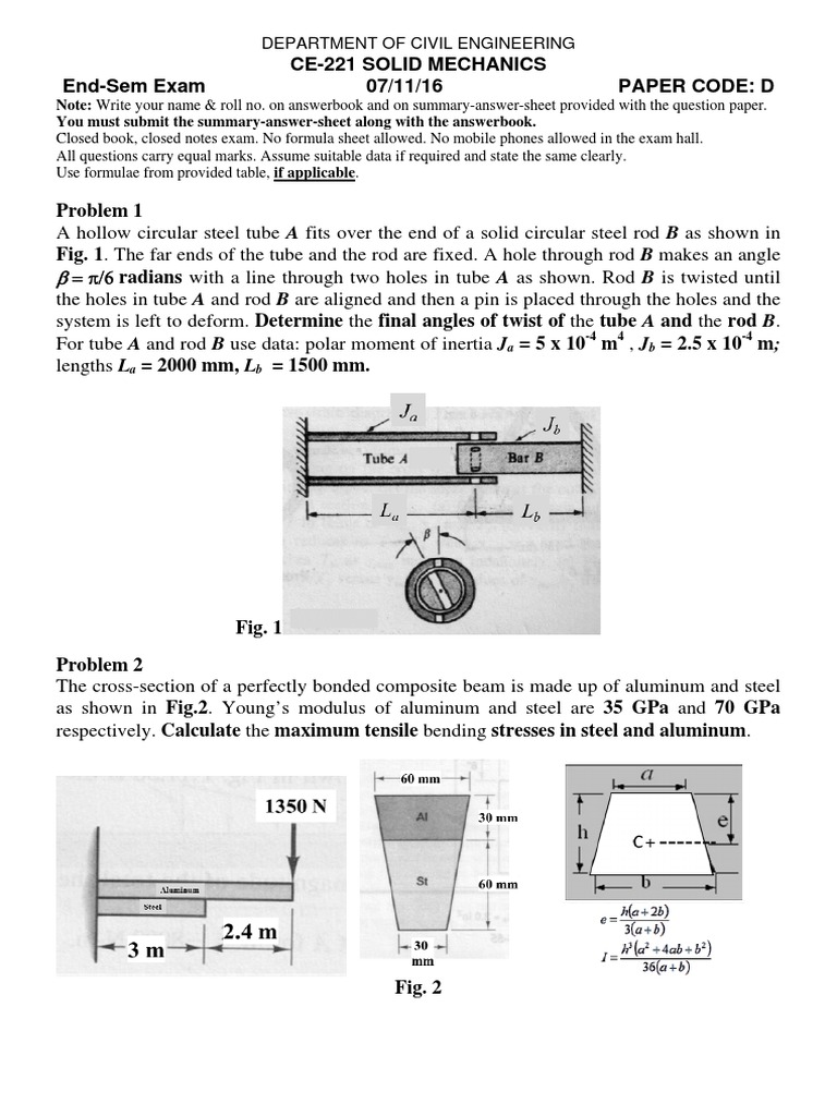 Ce-221 Solid Mechanics End-Sem Exam 07/11/16 Paper Code: D | PDF | Bending | Stress (Mechanics)