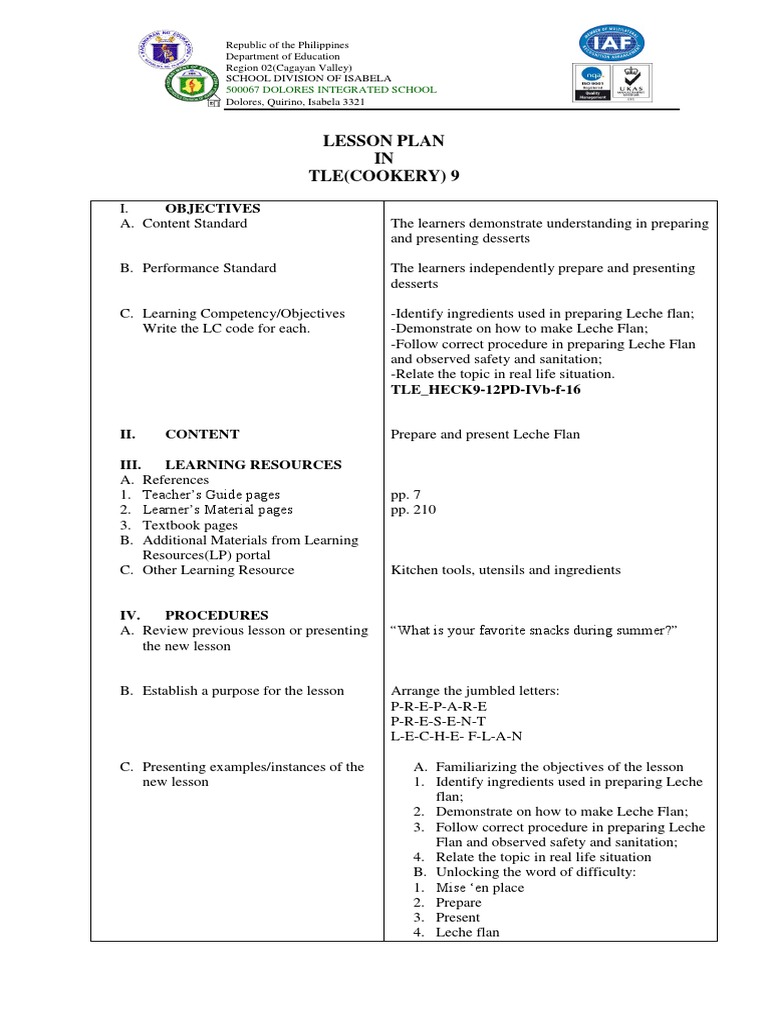 Lesson Plan IN Tle (Cookery) 9: Objectives | PDF | Educational ...