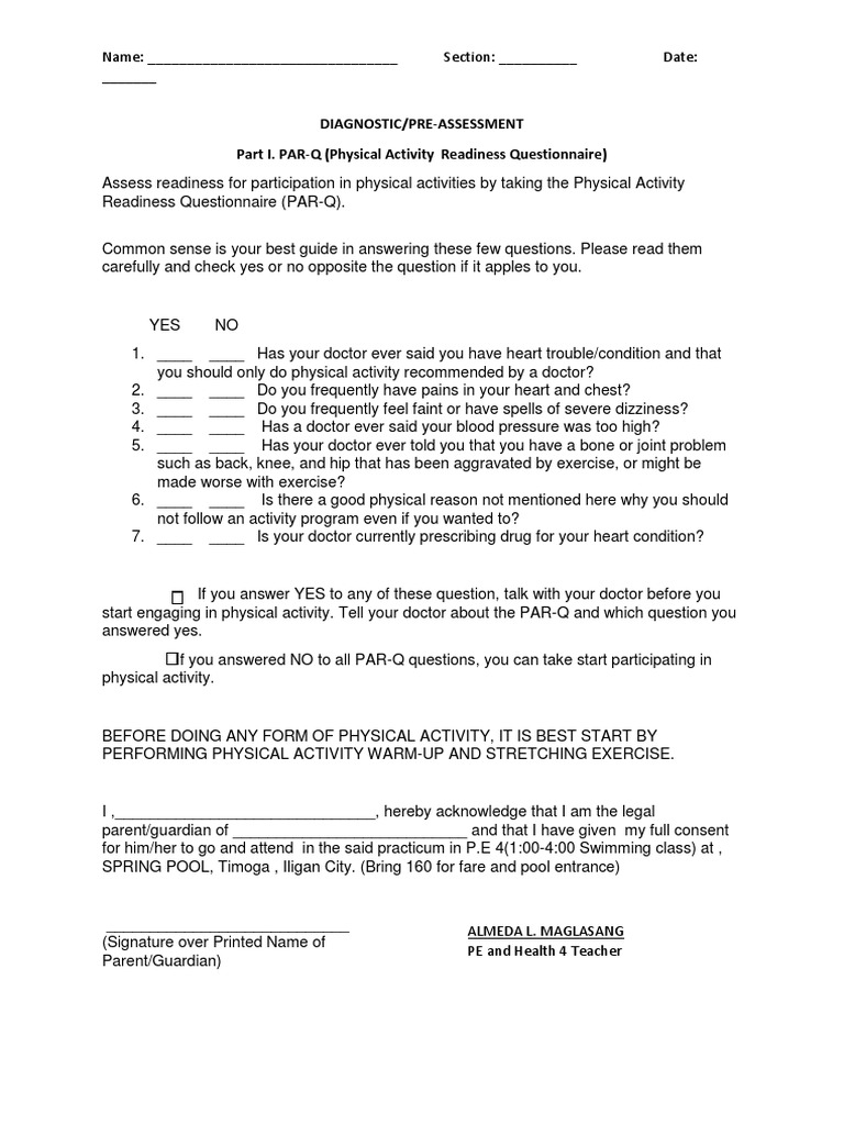 Diagnostic/Pre-Assessment Part I. PAR-Q (Physical Activity Readiness ...