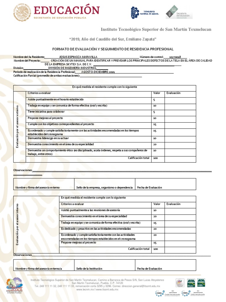 Formato de Evaluación y Seguimiento de Residencia Profesional | PDF | Business