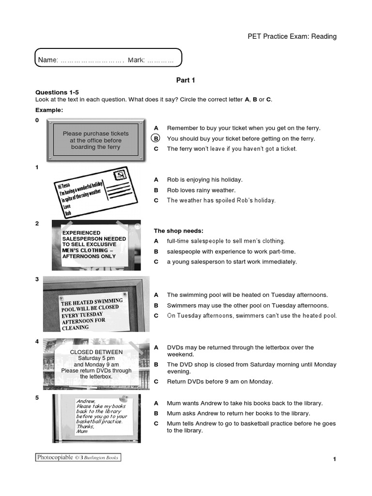 PET Practice Exam: Reading: Questions 1-5 | PDF | Nottinghamshire ...