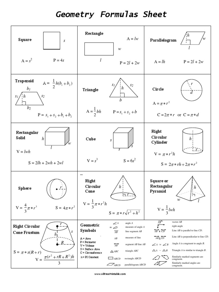 Geometry Formulas Sheet: S W L A LW L H | Download Free PDF | Rectangle ...
