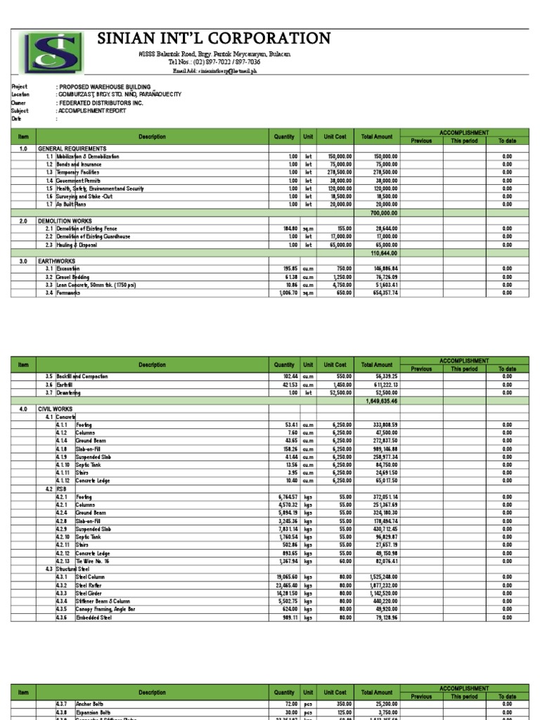 Proposed Warehouse Building Accomplishment Report: General Requirements ...