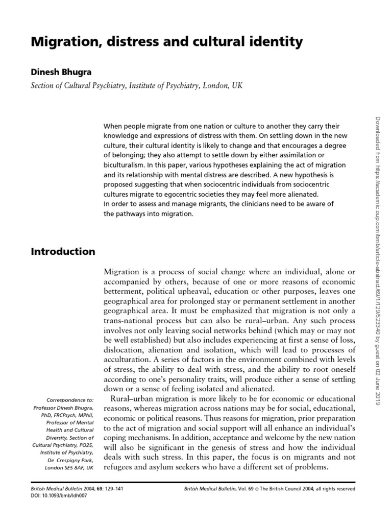 Migration, Distress and Cultural Identity | PDF | Immigration ...