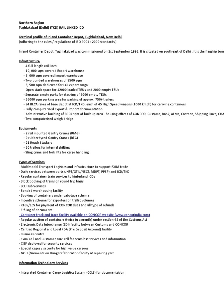 Northern Region Tughlakabad (Delhi) (TKD) RAIL LINKED ICD | PDF ...
