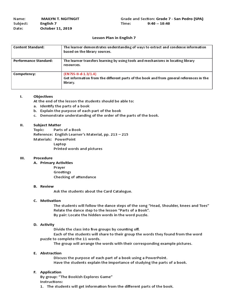 Lesson Plan in English 7 Cot 1 | PDF | Books | Libraries