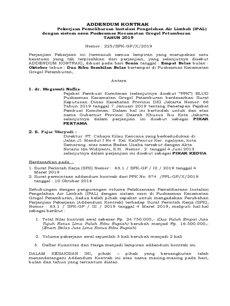 Addendum Kontrak IPAL Grogol 2019 | PDF