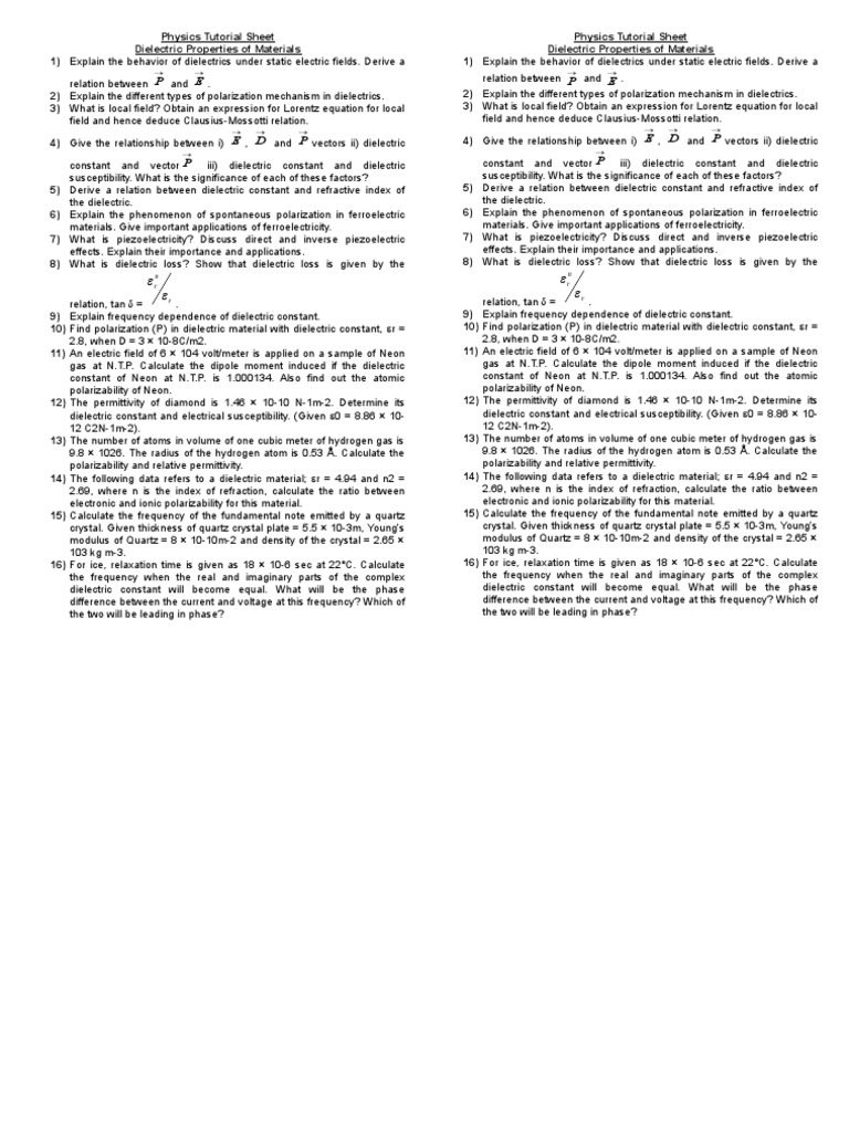 Physics Tut Sheet 3 Dielectric Properties | PDF | Dielectric | Permittivity