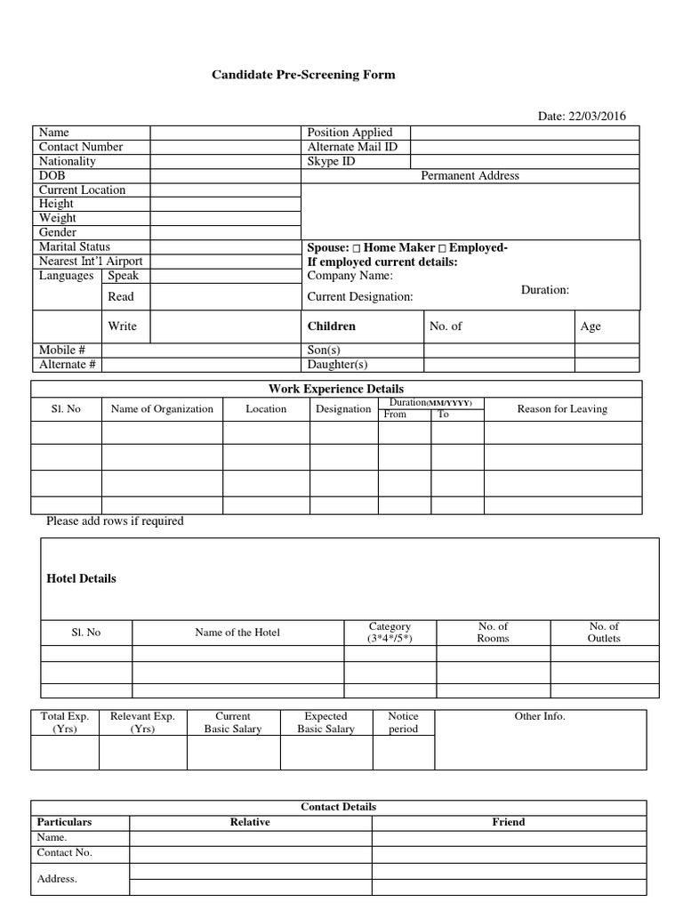 Candidate Pre-Screening Form Template | PDF